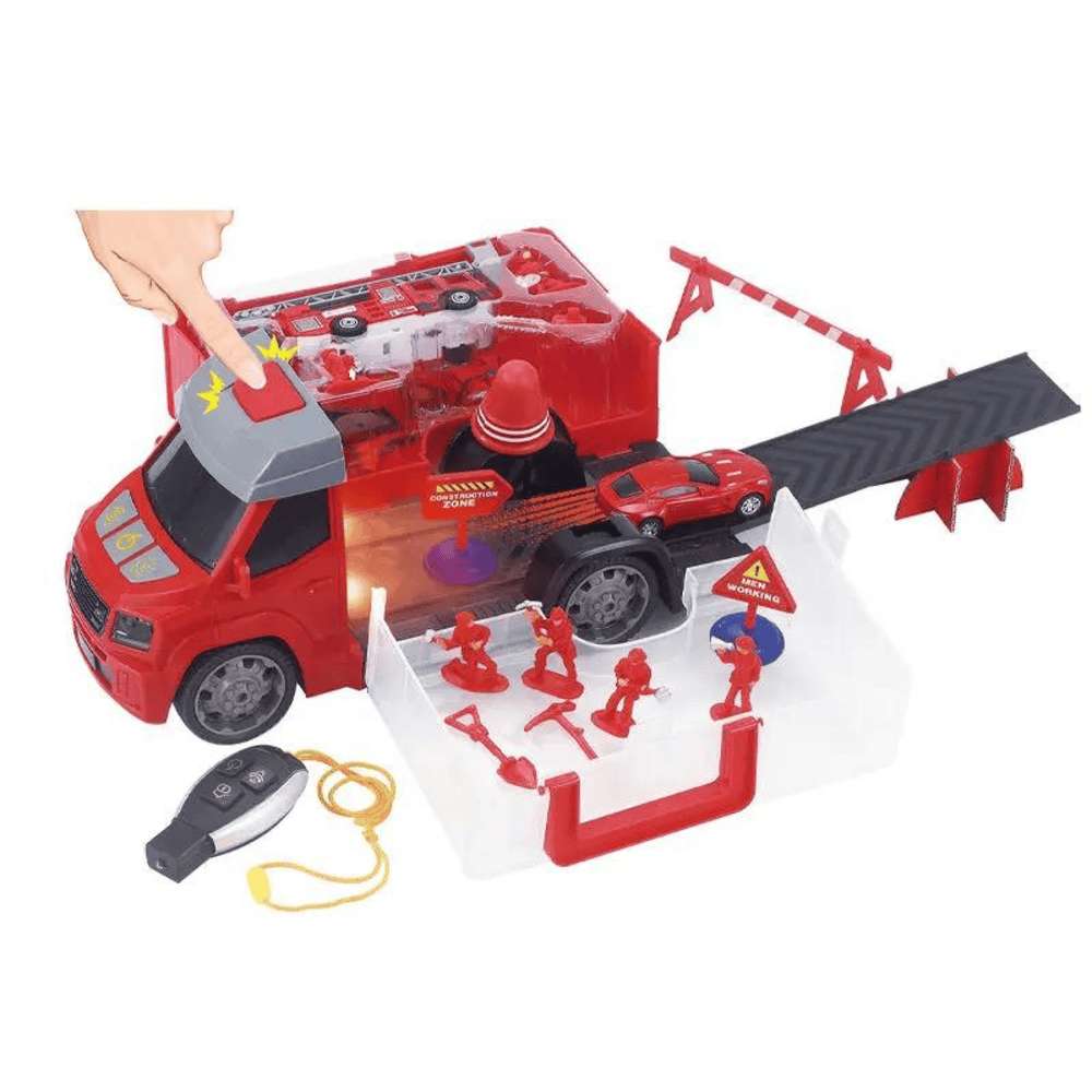 Toy. Fire Truck Transporter Trailer With Lights And Sounds